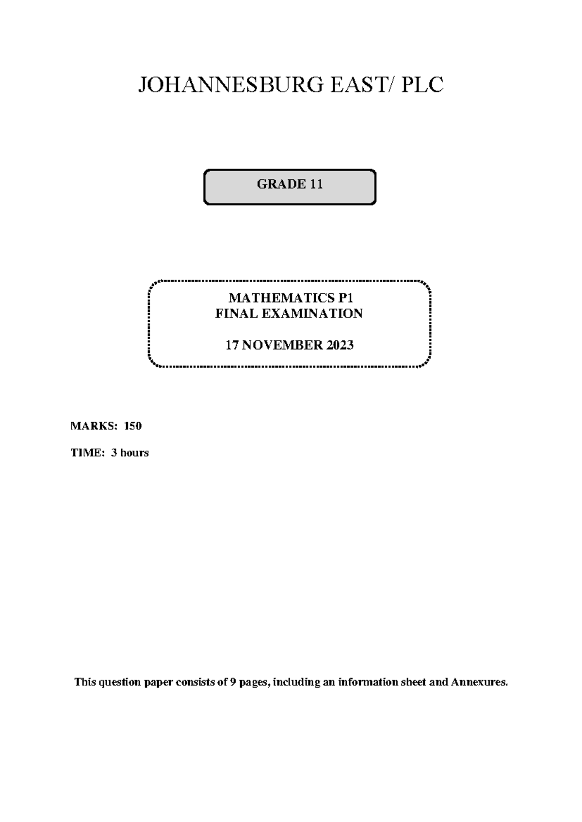 Grade 11 Mathematics Final Exam Paper P1 2025 - 17 November - Studocu