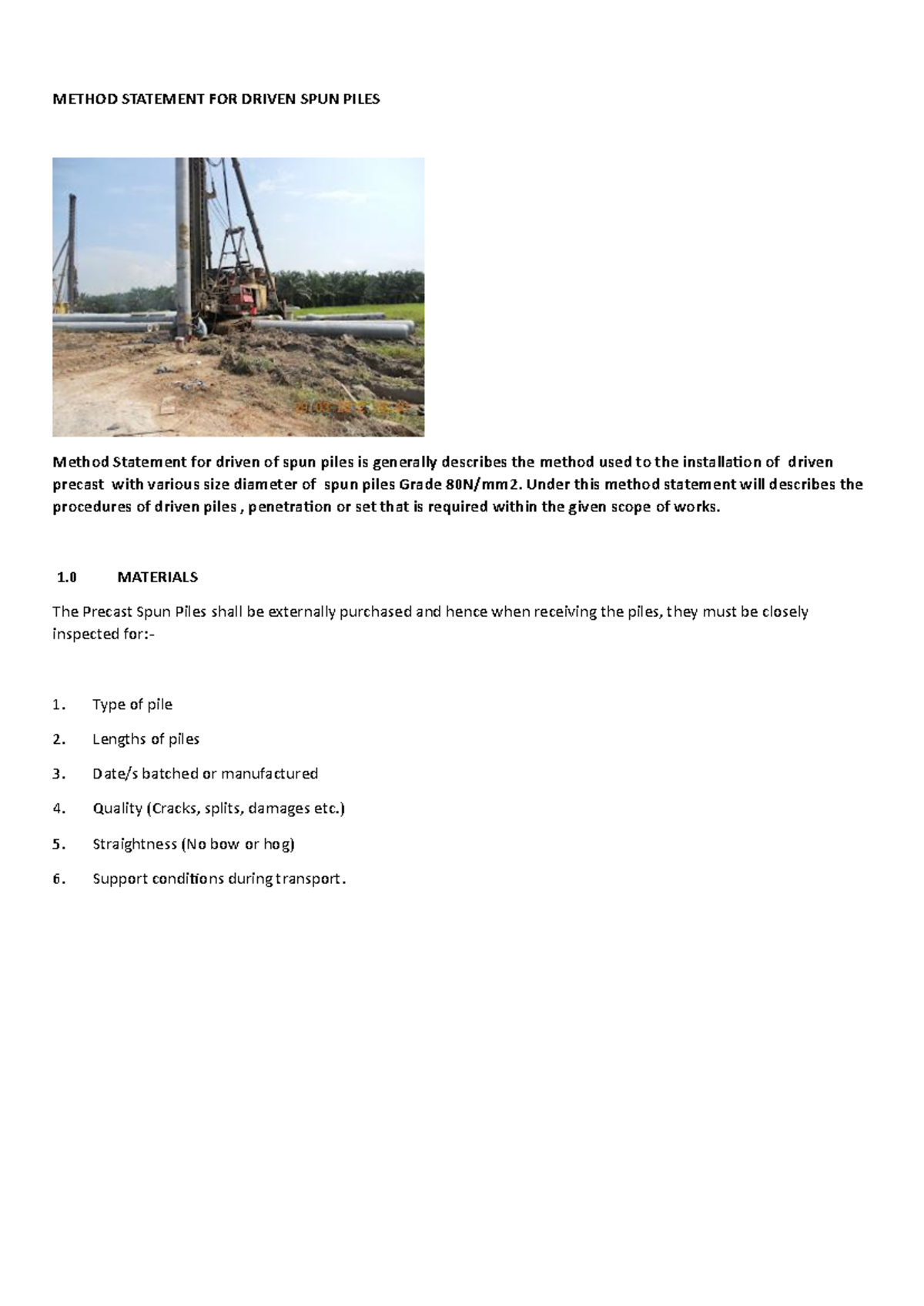 Method Statement for Driven Spun Piles Installation - Studocu