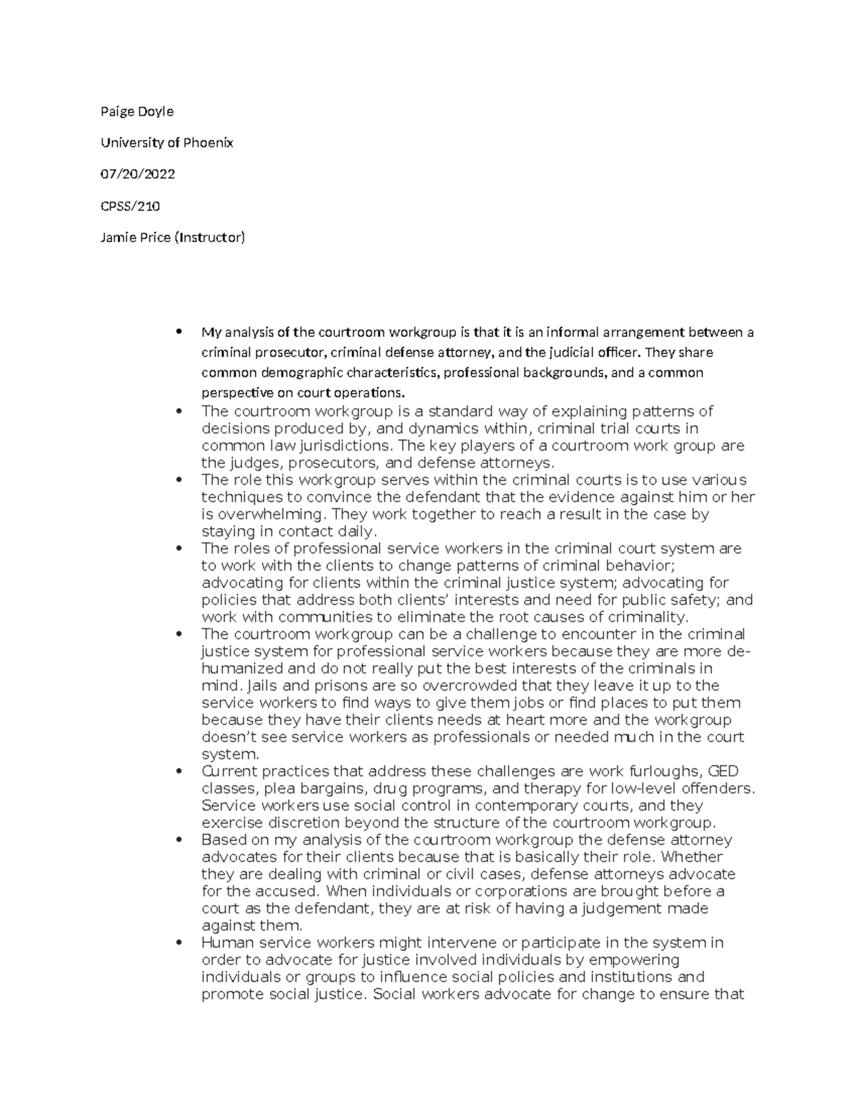 CPSS 210 Week 3 Assessment: Analysis of the Courtroom Workgroup - Studocu