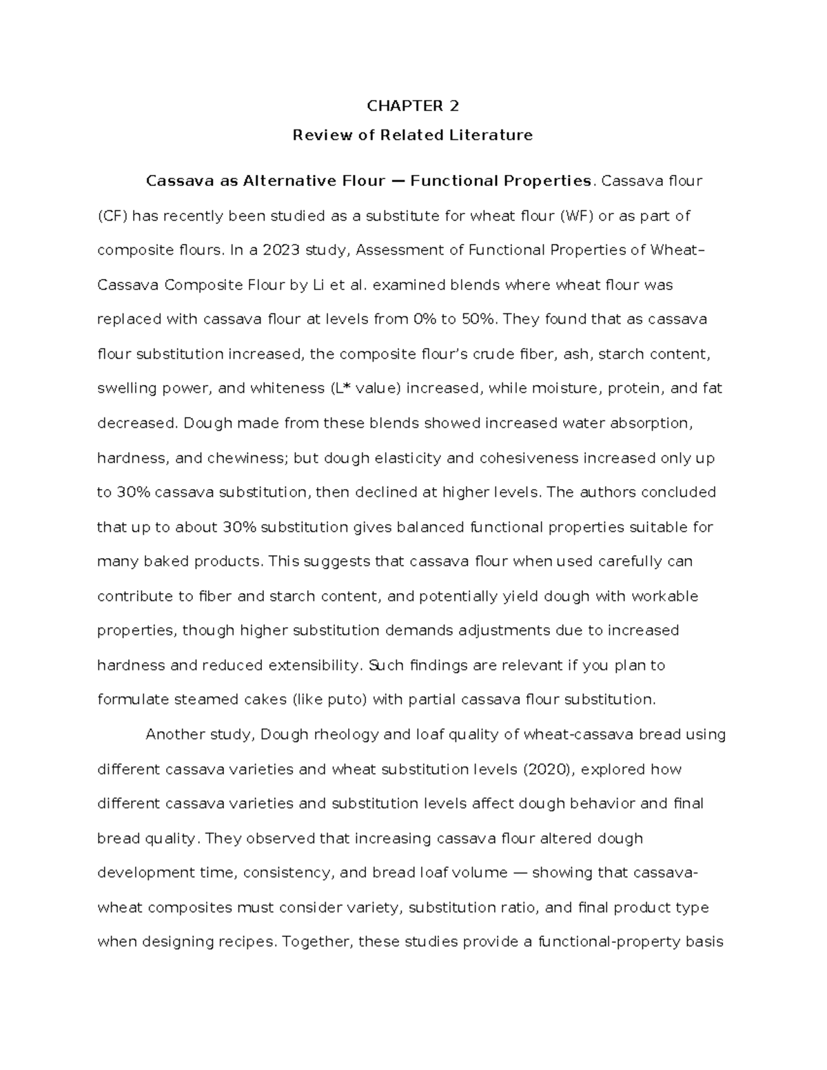 CHAPTER 2: Review of Literature on Cassava Flour Functional Properties ...