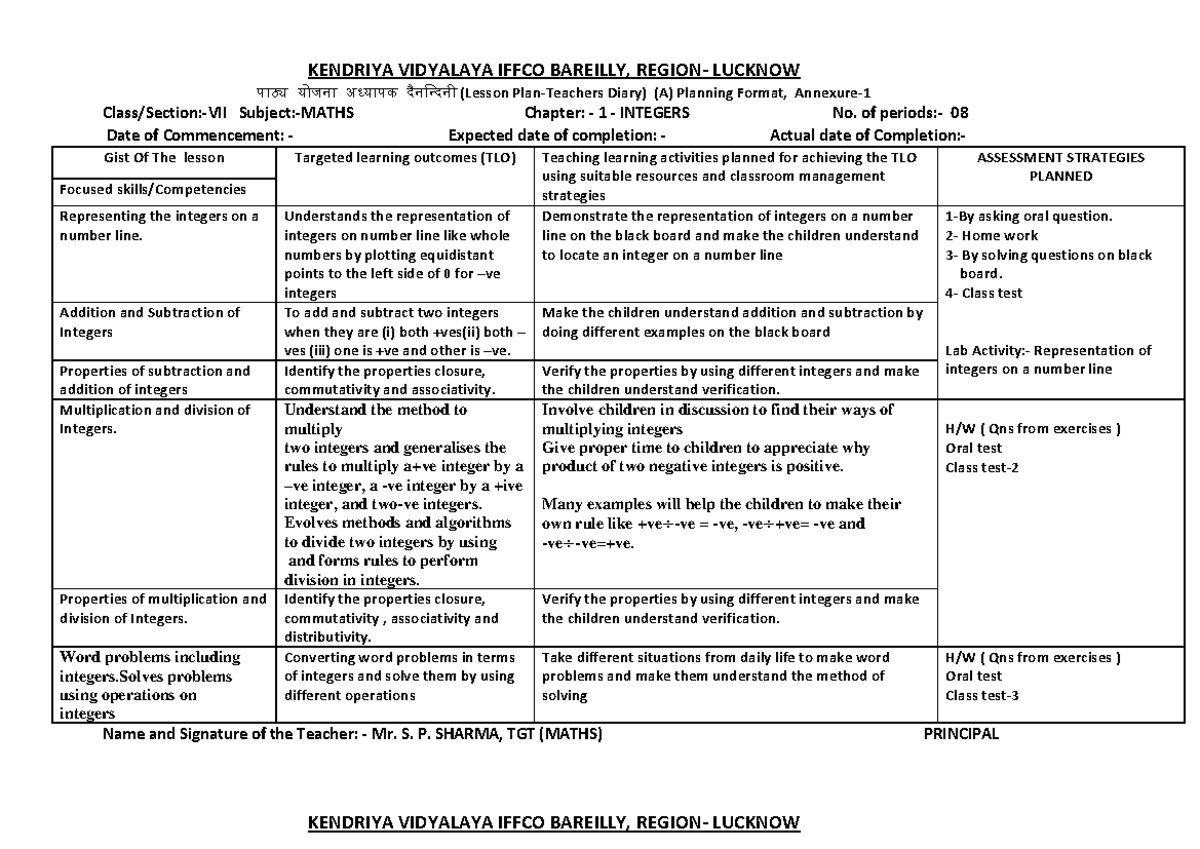 Class VII - Maths - Lesson Plan for Integers, Fractions, & Equations ...