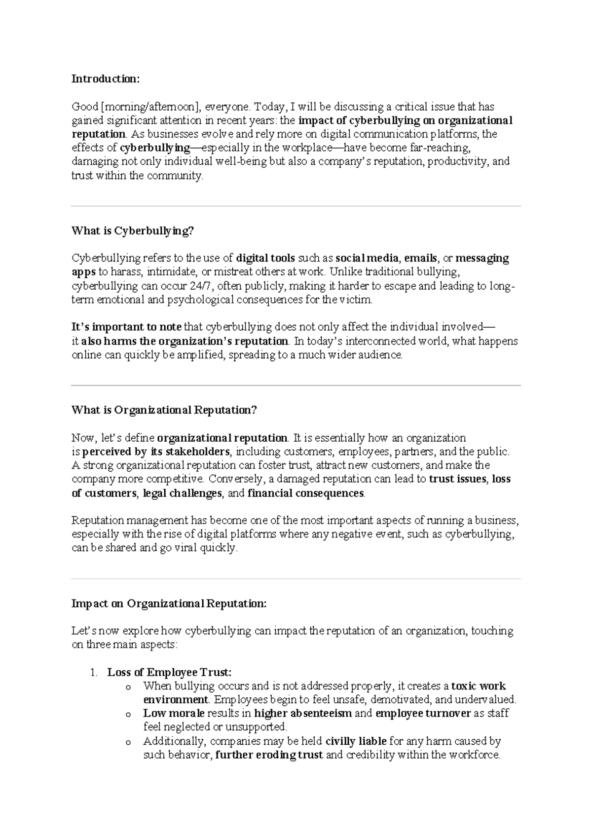 Impact of Cyberbullying on Org Reputation: A Presentation Script - Studocu