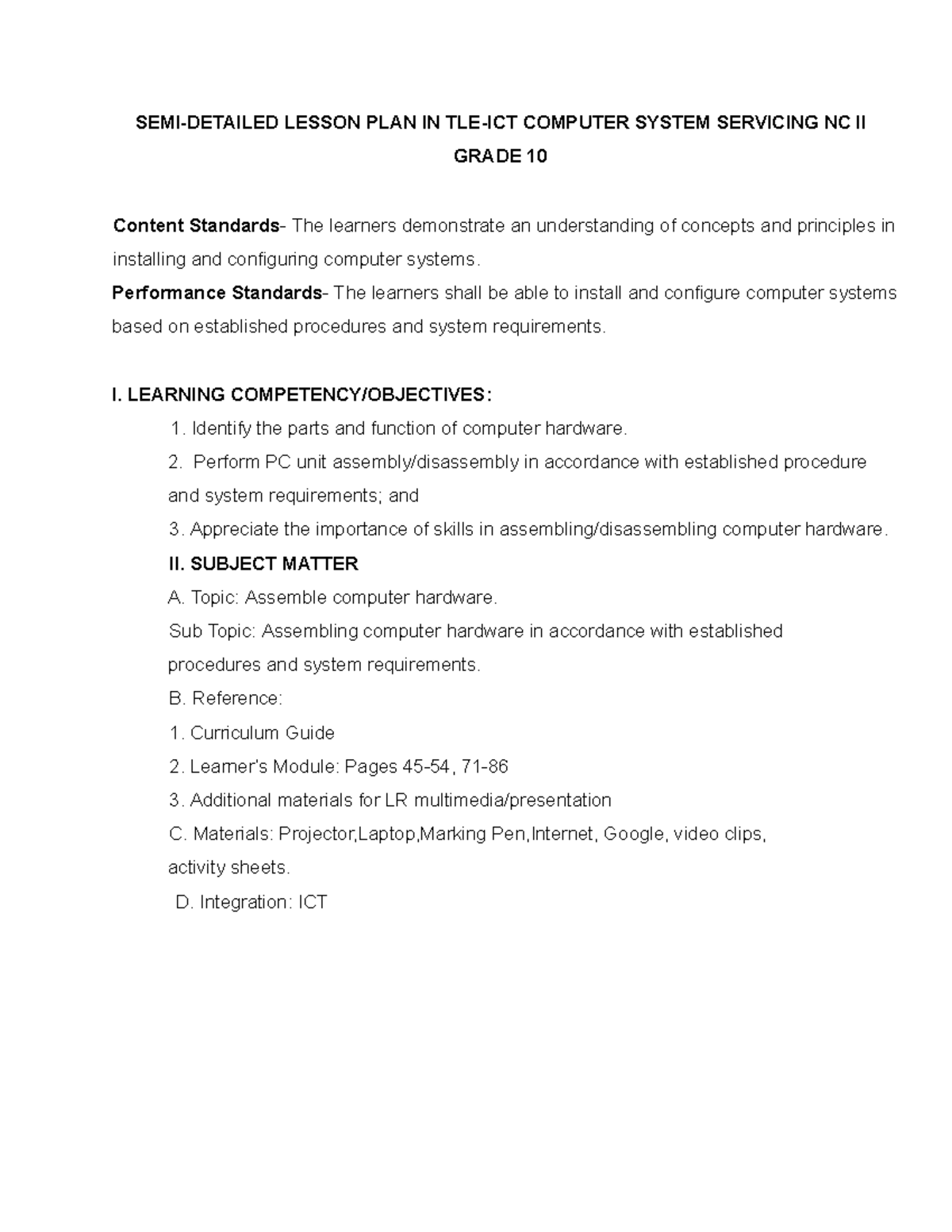Semi-Detailed Lesson Plan in TLE-ICT: Computer Servicing NC II - Studocu