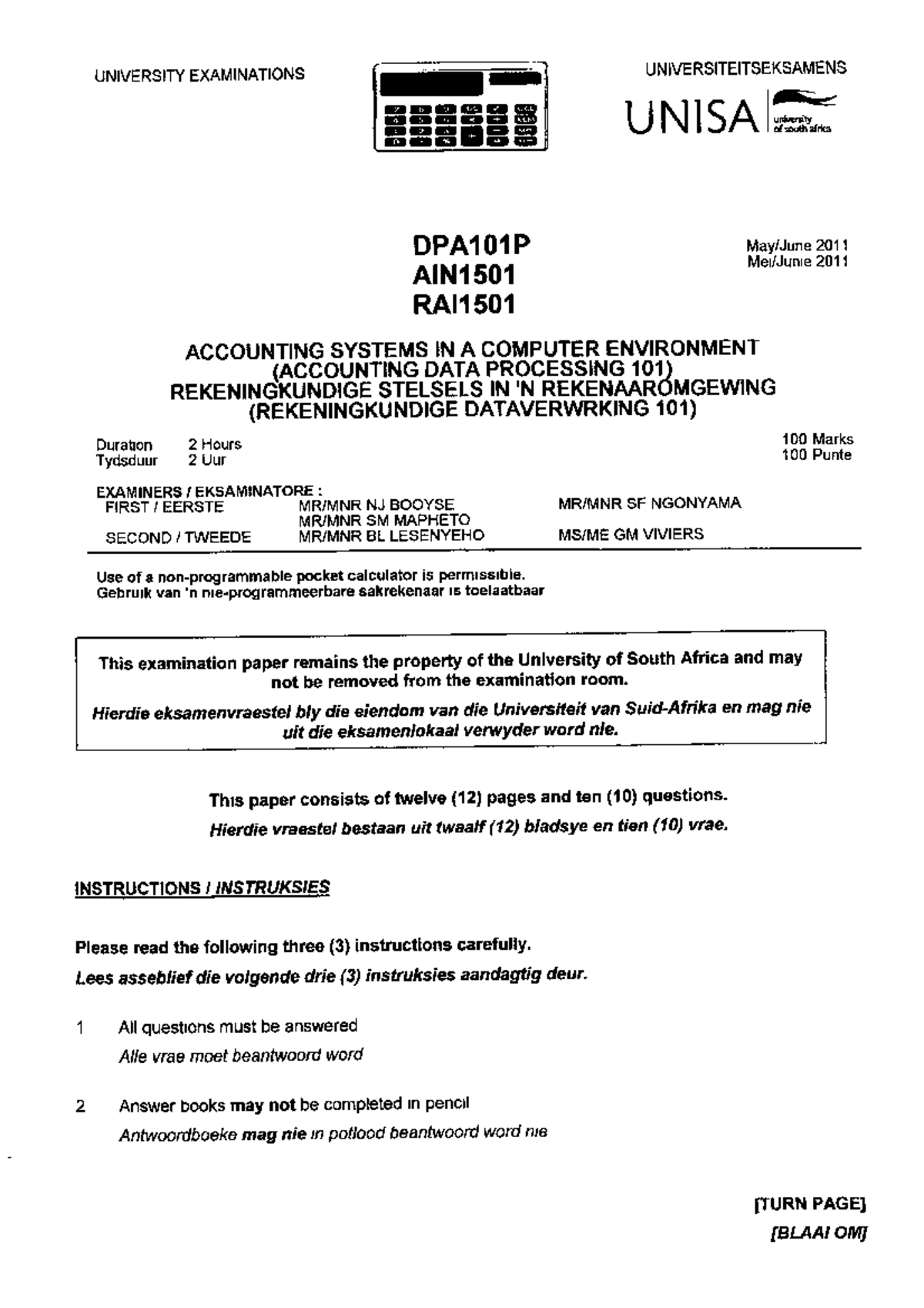EX 2011 Papers & Solutions - OLD Syllabus - UNISA MEMO AIN1501 MAYJUNE ...