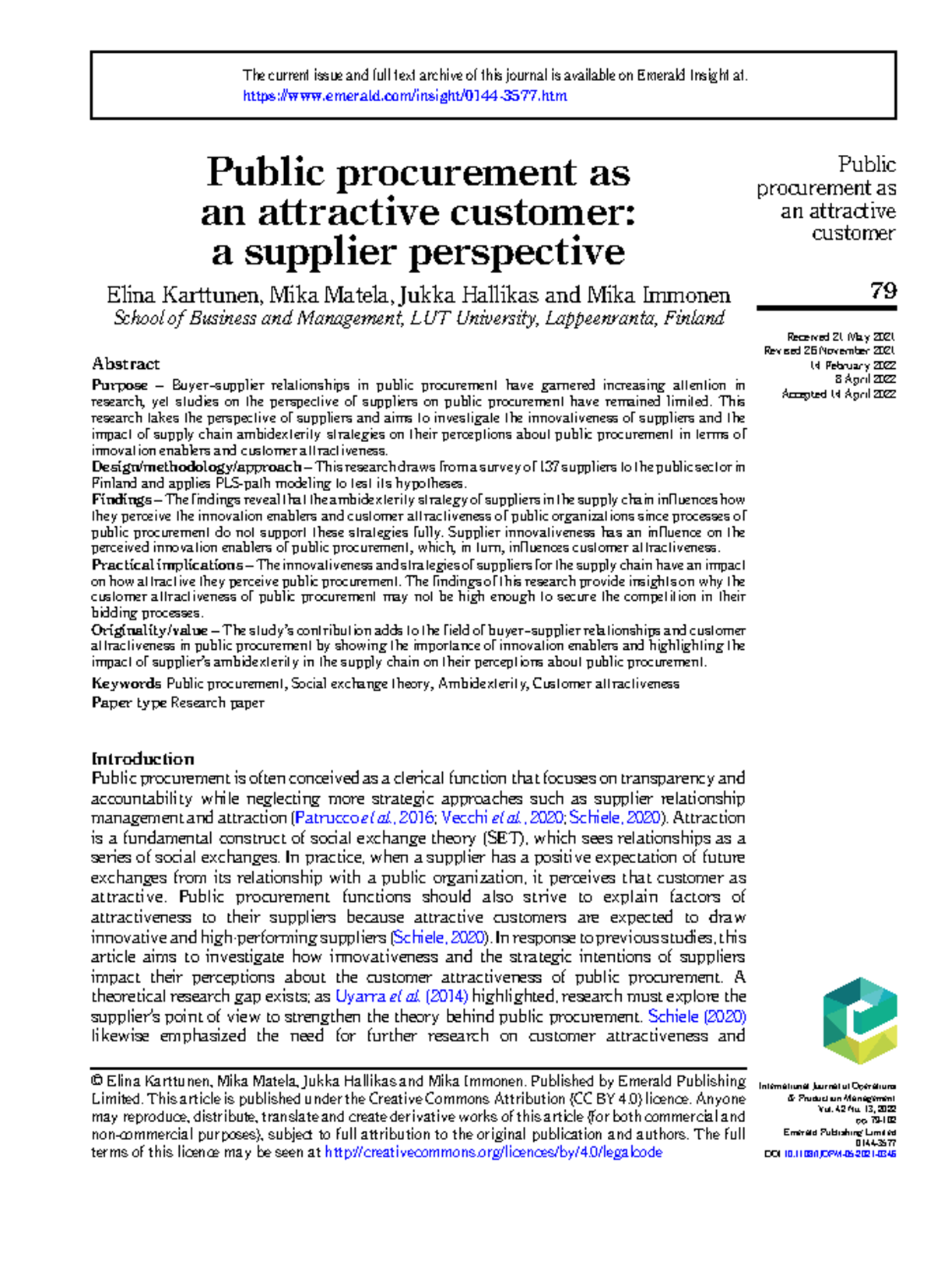 Public Procurement as a Customer: Supplier Perspectives on ...