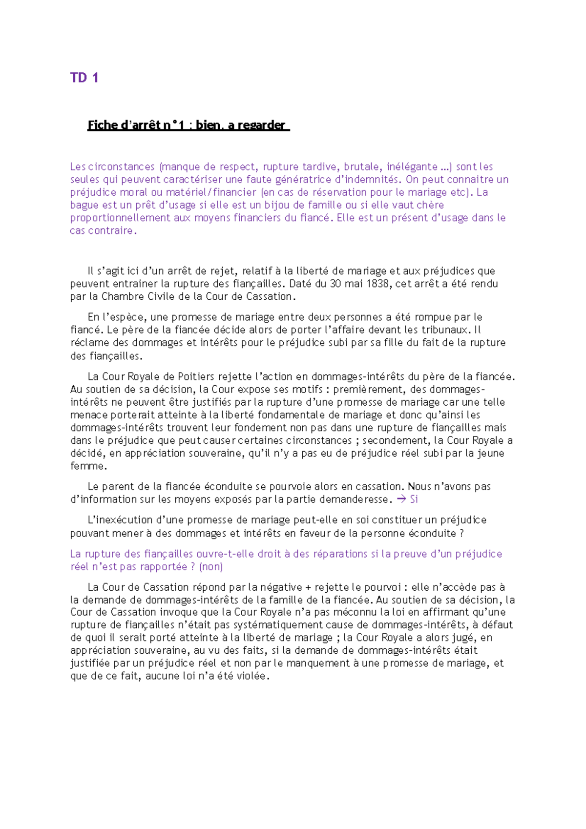 TD1: Arrêts sur la Liberté de Mariage et Dommages Intérêts en Droit de la Famille - Studocu