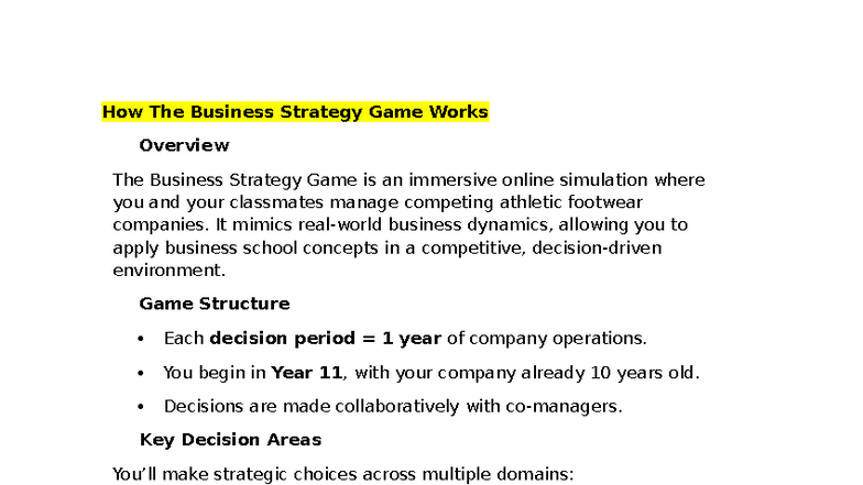 BSG Summary: Overview of the Business Strategy Game Simulation - Studocu