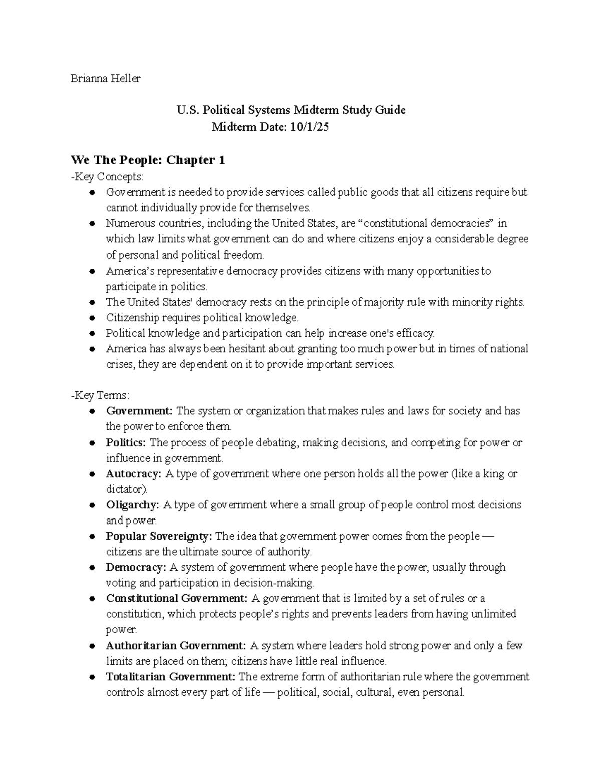 U.S. Political Systems (POL101) Midterm Study Guide: Key Concepts ...
