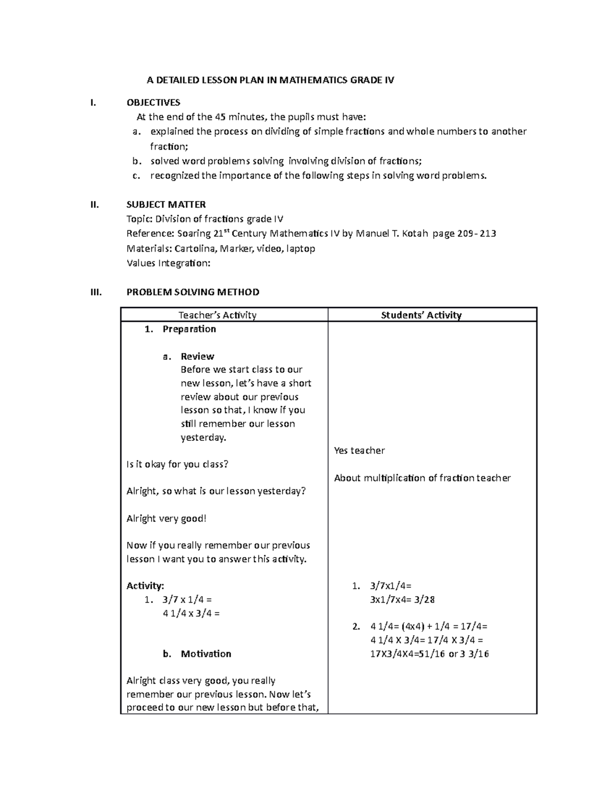 Grade IV Math Lesson Plan: Dividing Fractions Explained - Studocu