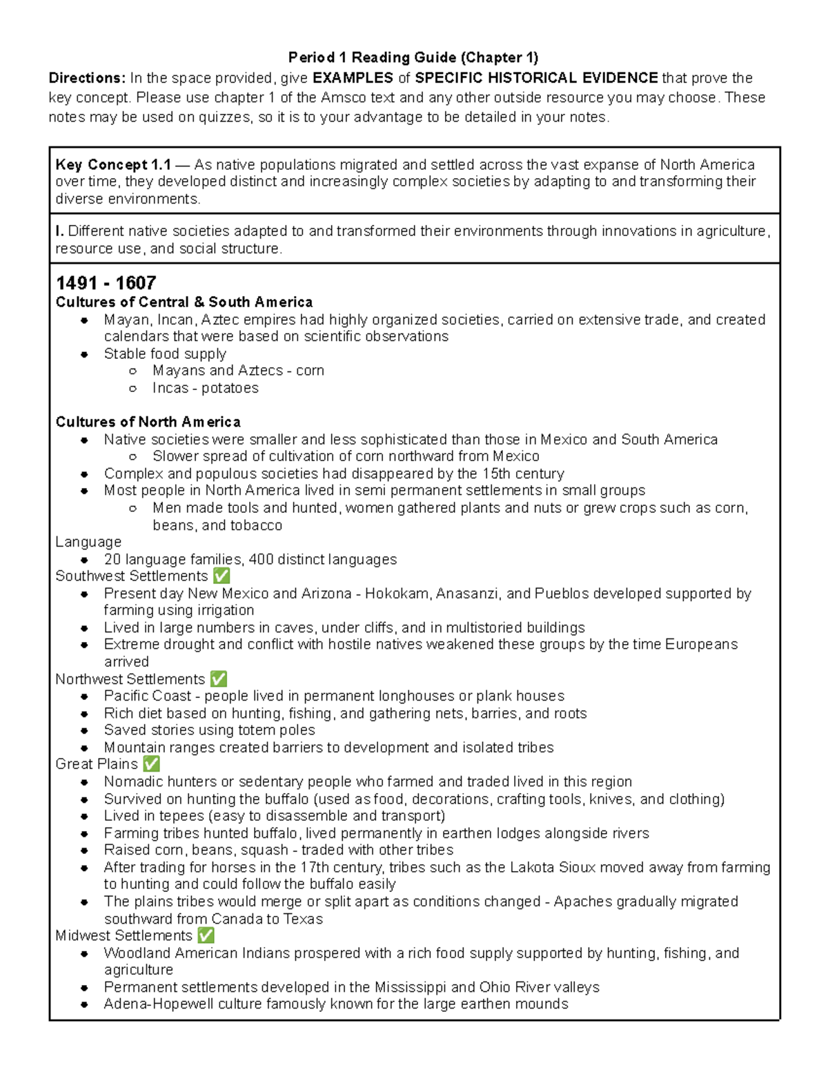 Period 1 Reading Guide: Key Concepts & Evidence (APUSH 1491-1607) - Studocu