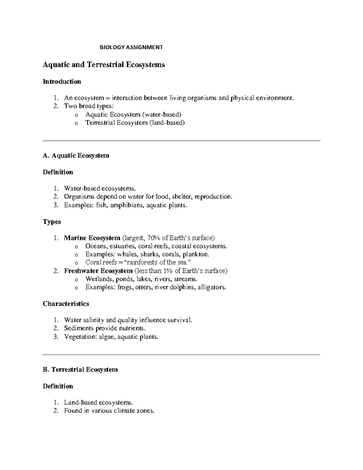 Biology Assignment: Aquatic & Terrestrial Ecosystems Overview - Studocu