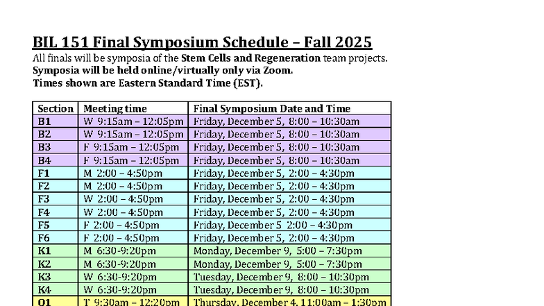 BIL 151 Final Symposium Schedule - Fall 2025 (Zoom) - Studocu