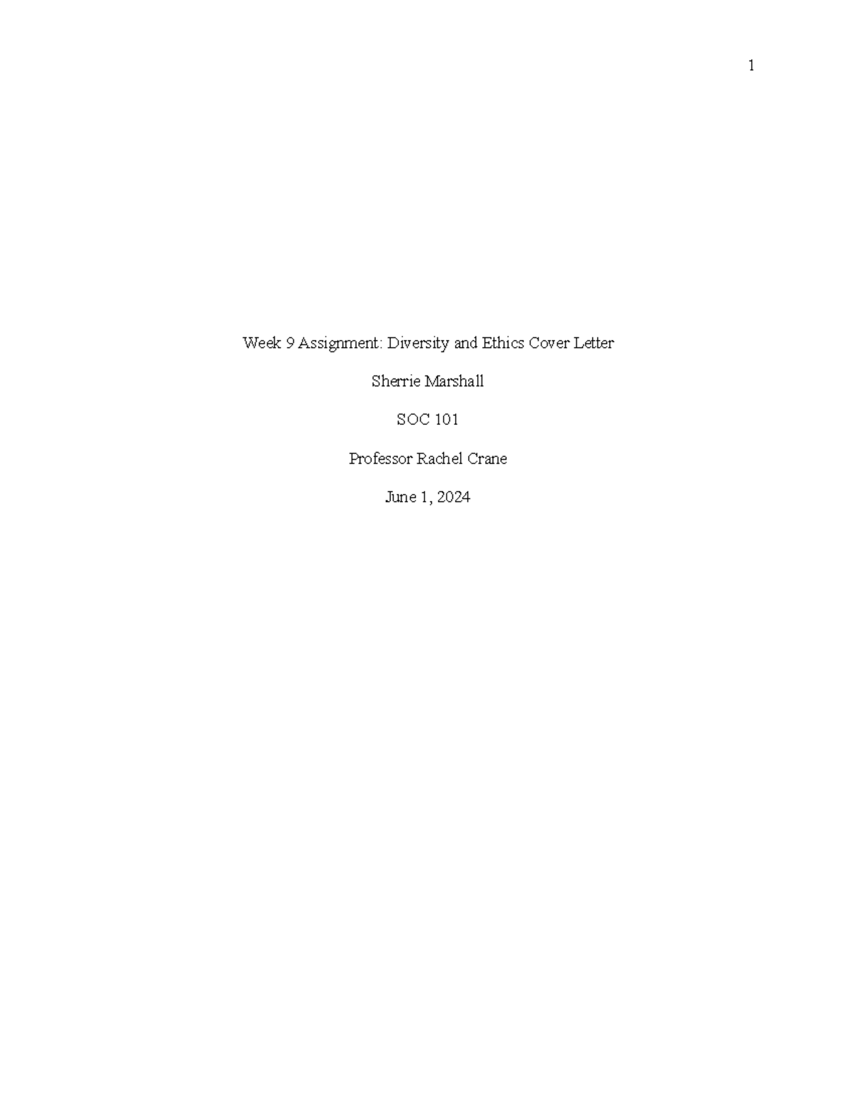 SOC101 Week9 Assignment - Week 9 Assignment: Diversity and Ethics Cover ...