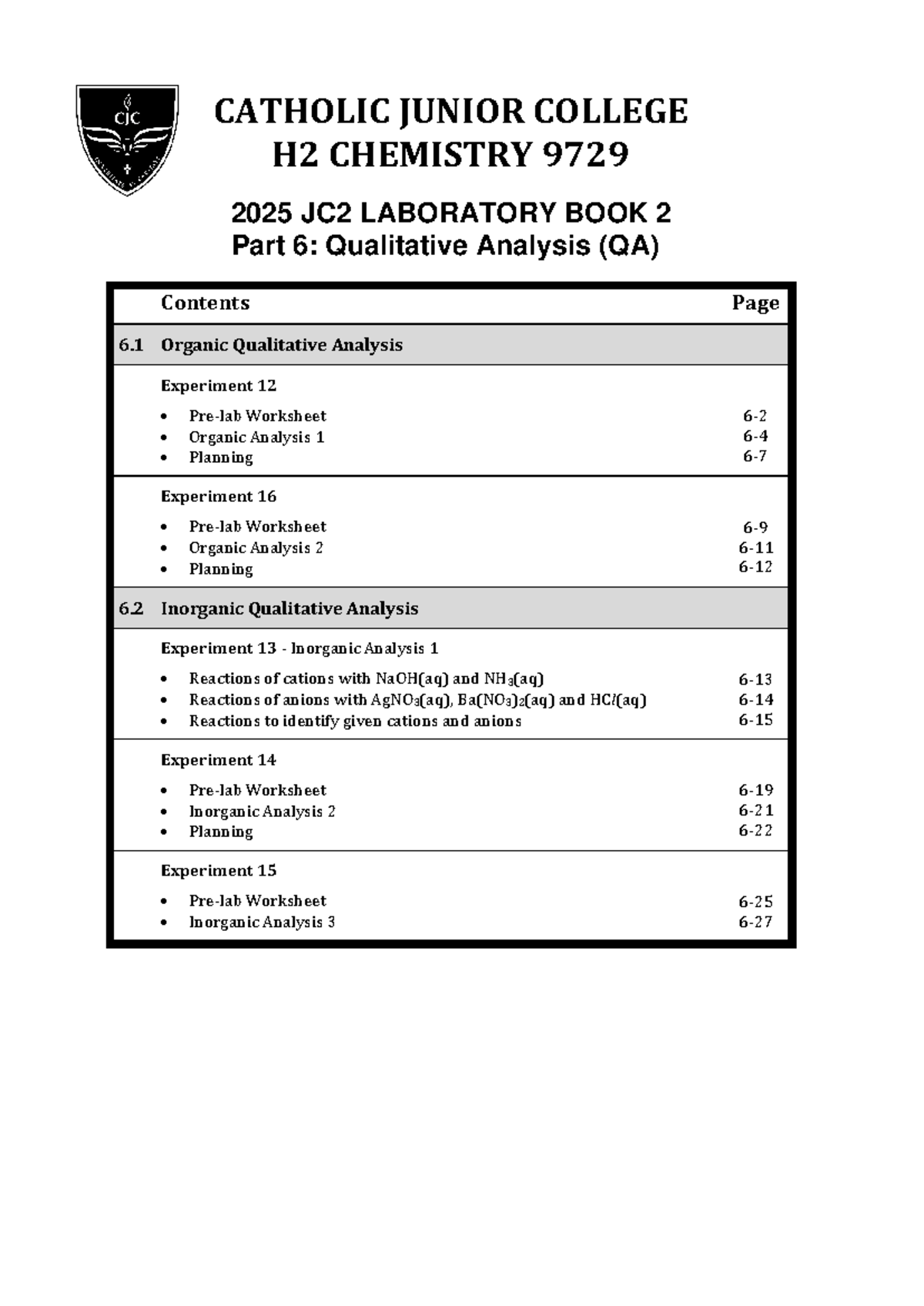 CJC H2 Chemistry 9729 2025 JC2 Practical Worksheets 12-16: Qualitative ...