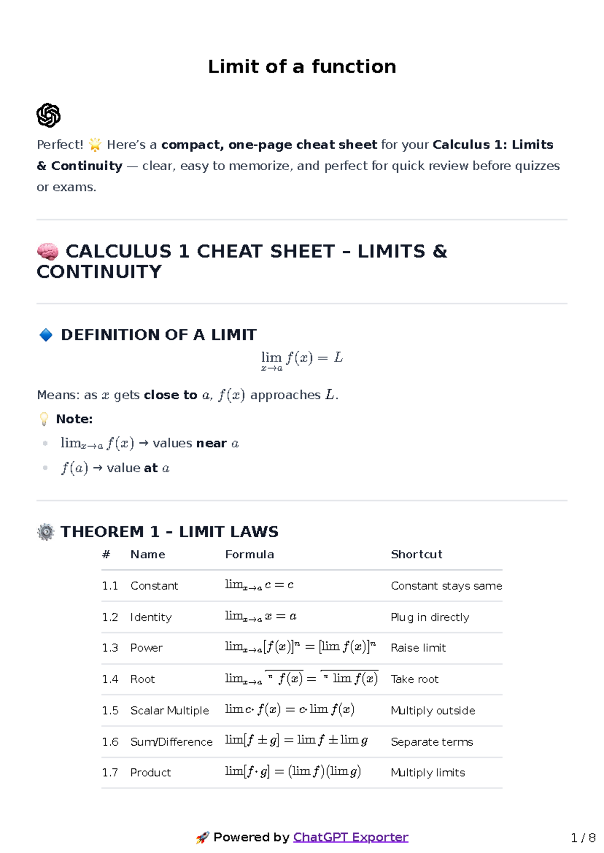 CALCULUS 1 CHEAT SHEET: LIMITS & CONTINUITY REVIEW - Studocu