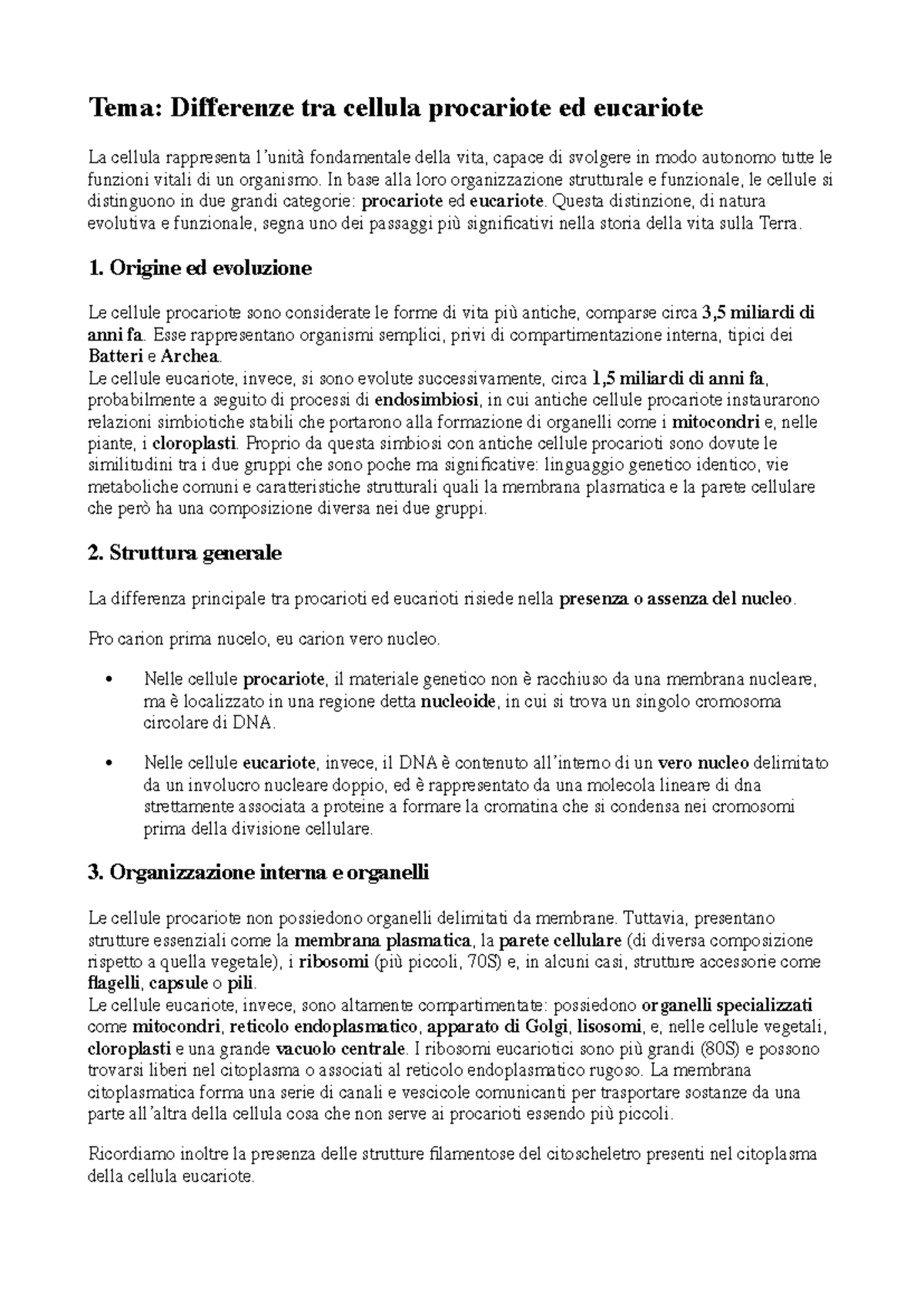 Differenze tra Cellule Procariote ed Eucariote - Tema di Biologia - Studocu