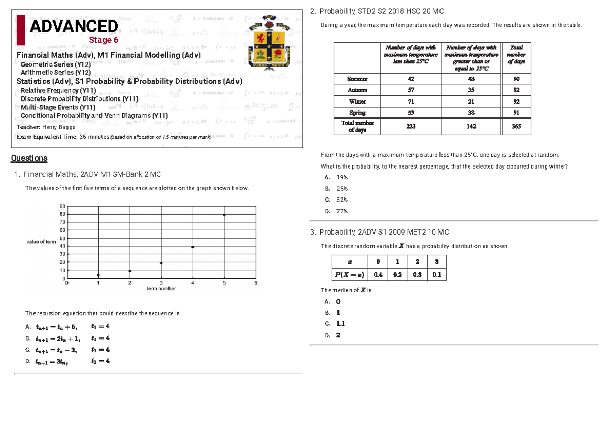 Y12 Task 4 Revision Test: Probability & Financial Maths (2ADV) - Studocu