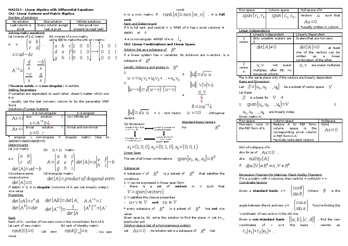 Ma1513 cheat sheet - MA1513 – Linear Algebra with Differential ...