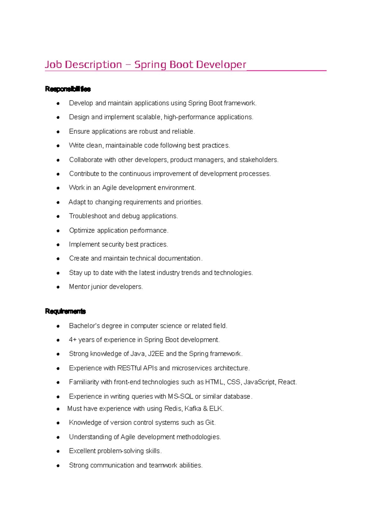 JD- Spring Boot Developer - Job Description Guide - Studocu