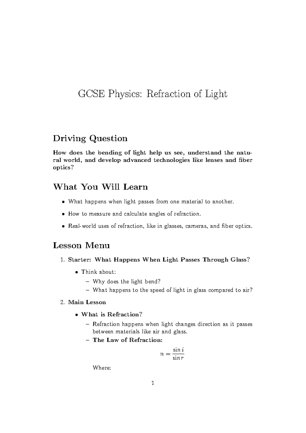 GCSE Physics: Refraction Lesson Overview and Key Concepts - Studocu