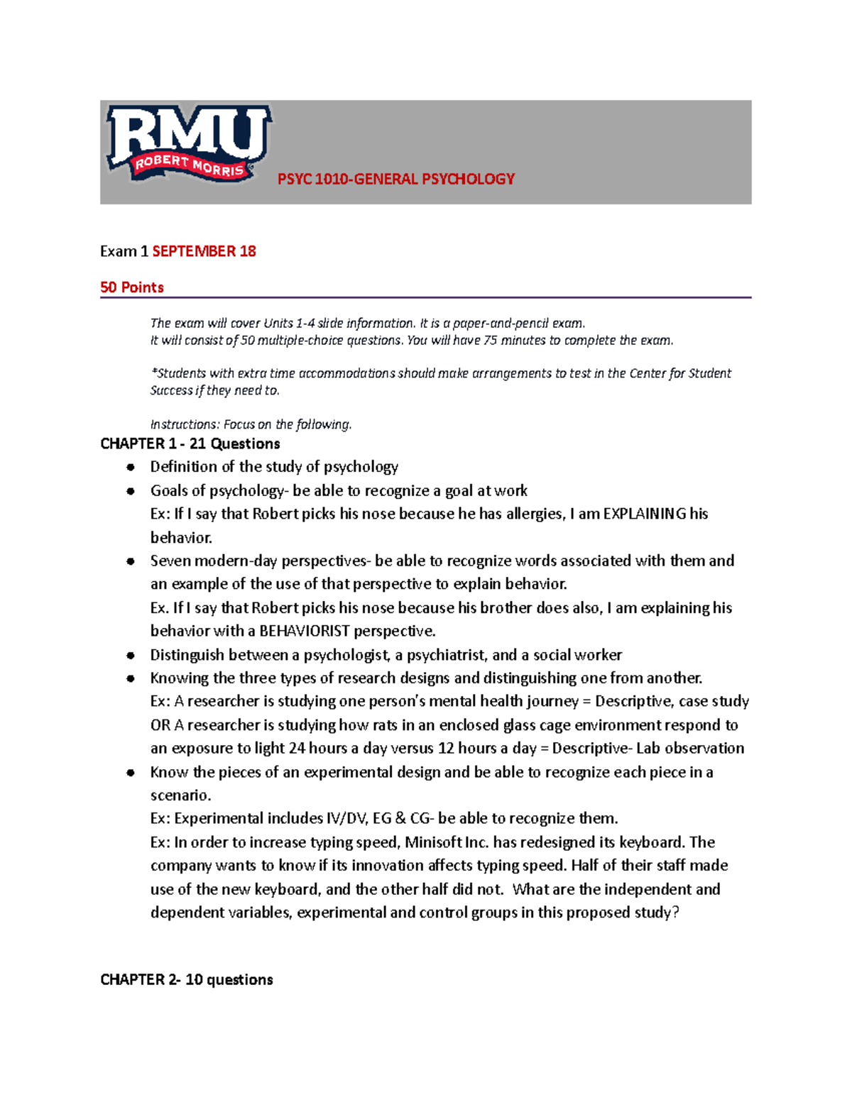 PSYC 1010: Exam 1 Study Guide for General Psychology (Units 1-4) - Studocu