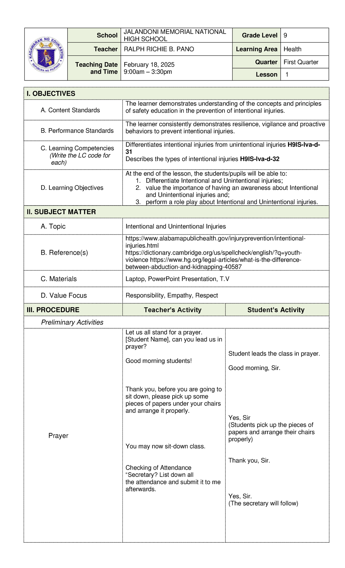 Health 9IS - Lesson Plan on Intentional vs. Unintentional Injuries ...