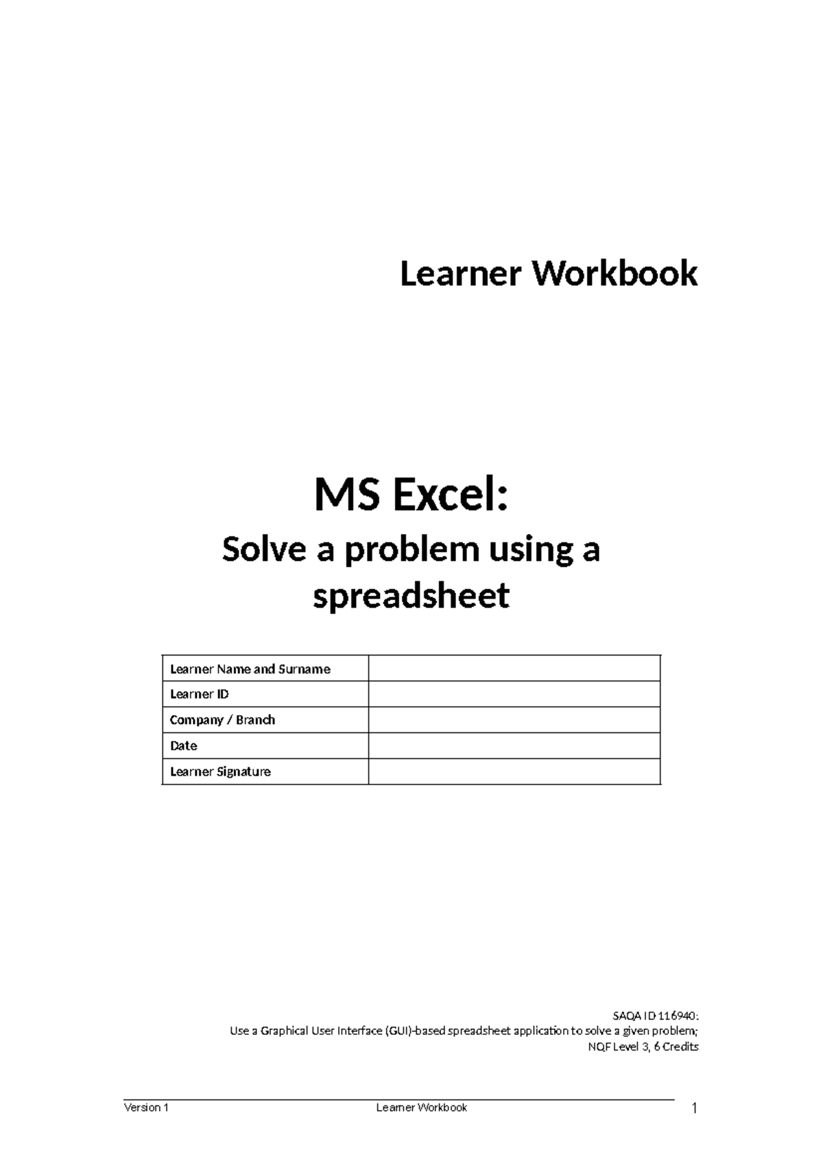 116940: MS Excel Learner Workbook - Problem Solving Activities - Studocu