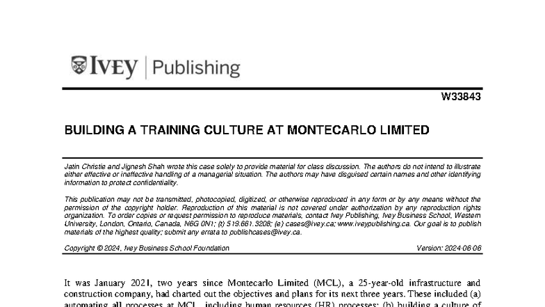 W33843 Case Study: Building a Training Culture at Montecarlo Ltd. - Studocu