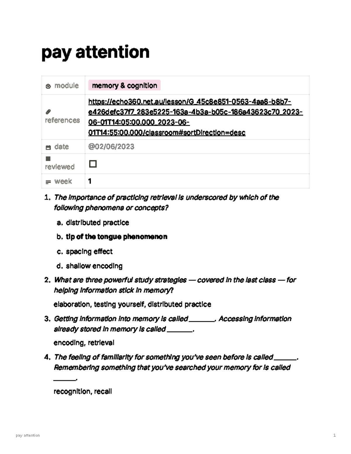 Psych 1B - Pay Attention: Memory & Cognition Notes - Studocu