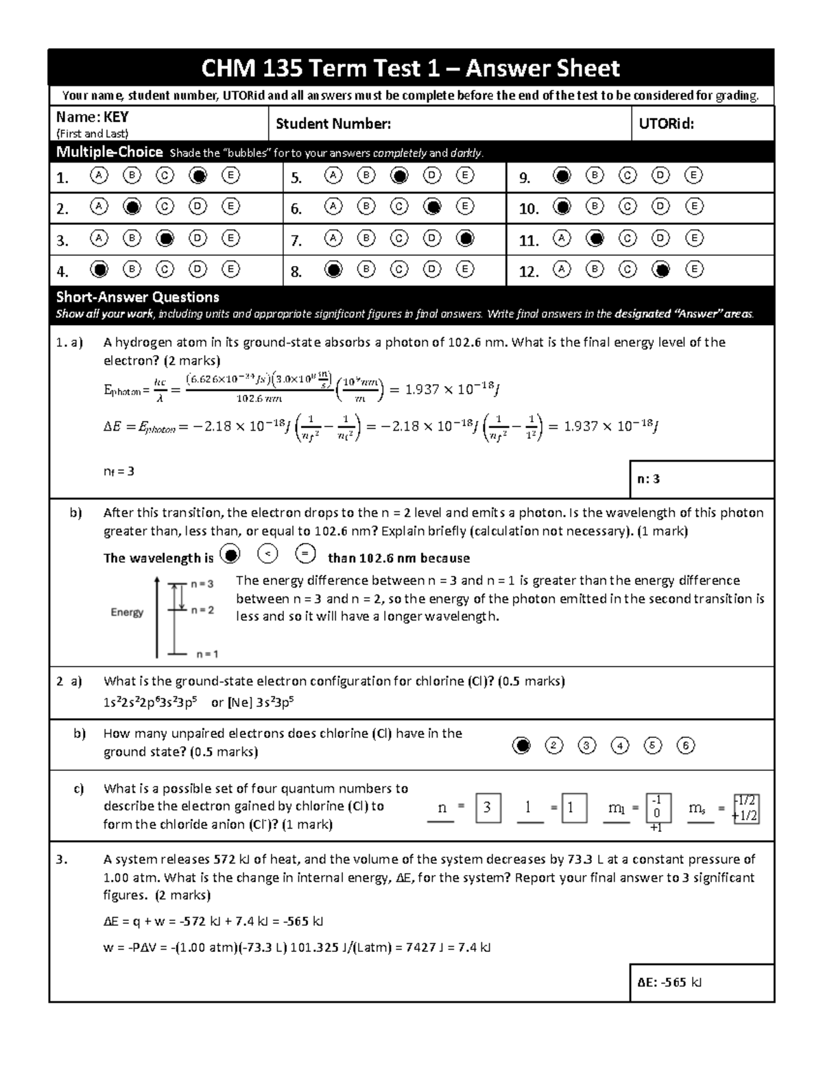CHM 135H Fall 2025 Term Test 1 Answer Key - Studocu