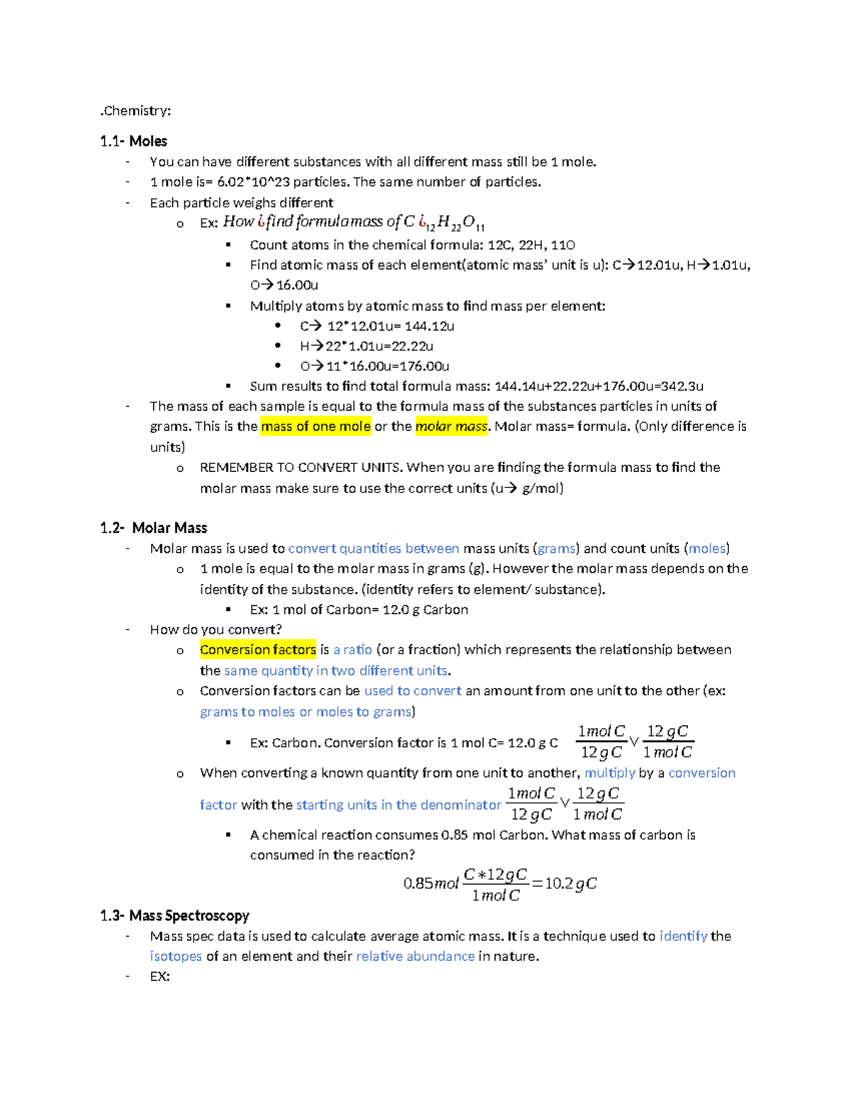 AP CHEM - Notes - .Chemistry: 1- Moles You can have different ...