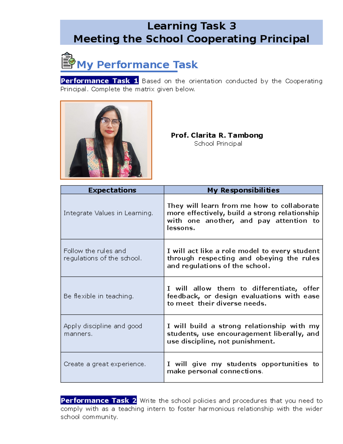 Performance Task 3: School Policies and Principal's Role in Internship ...