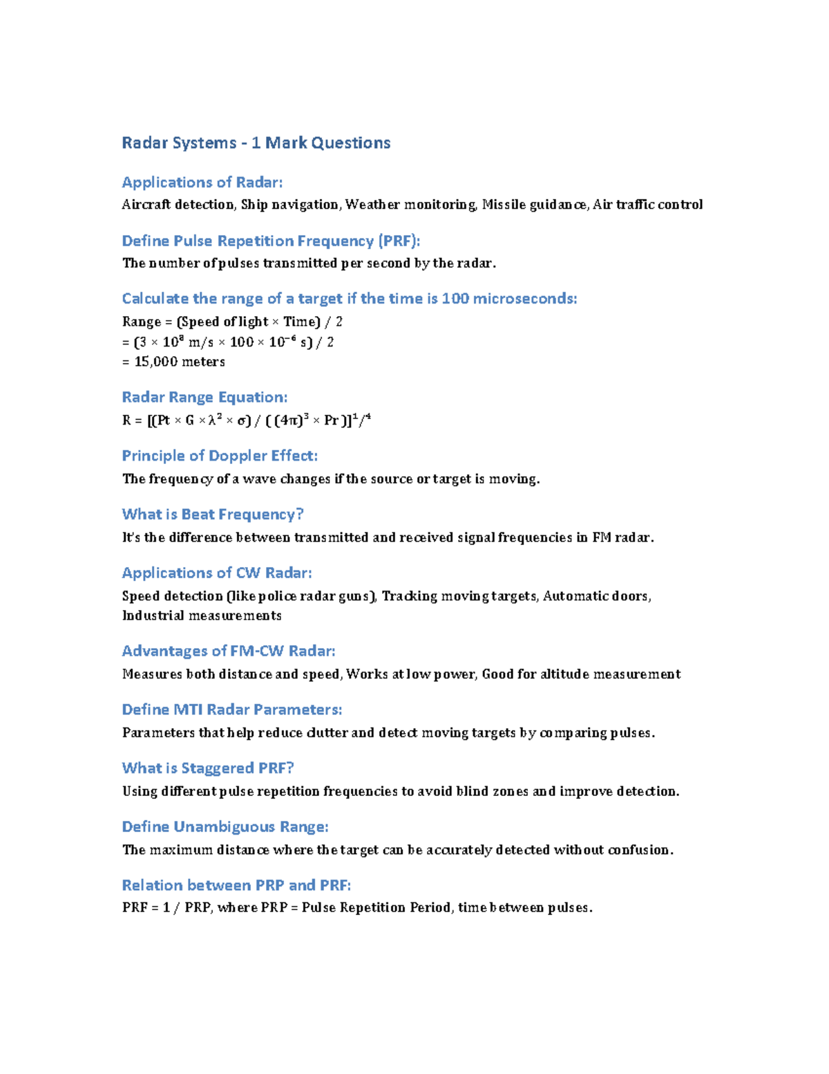 Radar Systems: 1 Mark Questions on Applications & Principles - Studocu