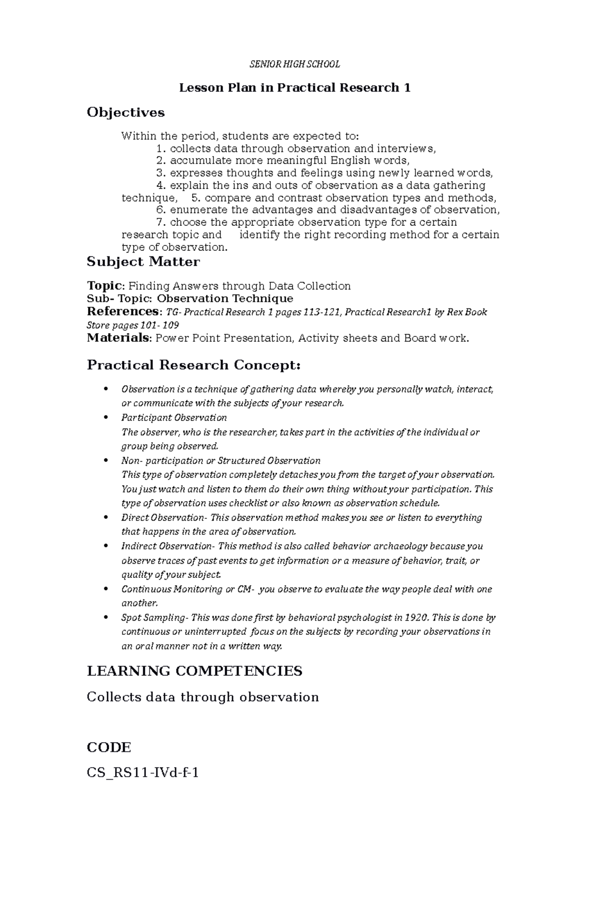 Lesson plan SHS for demo - SENIOR HIGH SCHOOL Lesson Plan in Practical ...