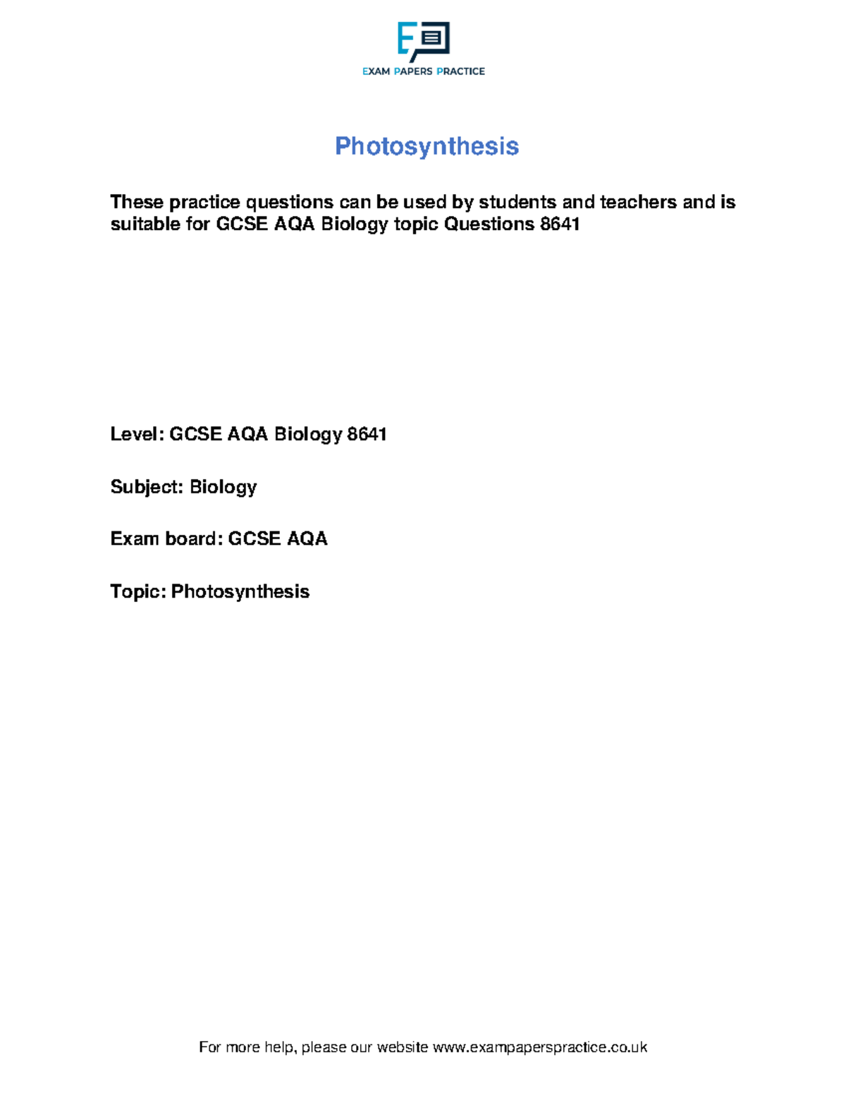 GCSE AQA Biology 8641: Photosynthesis Practice Questions - Studocu