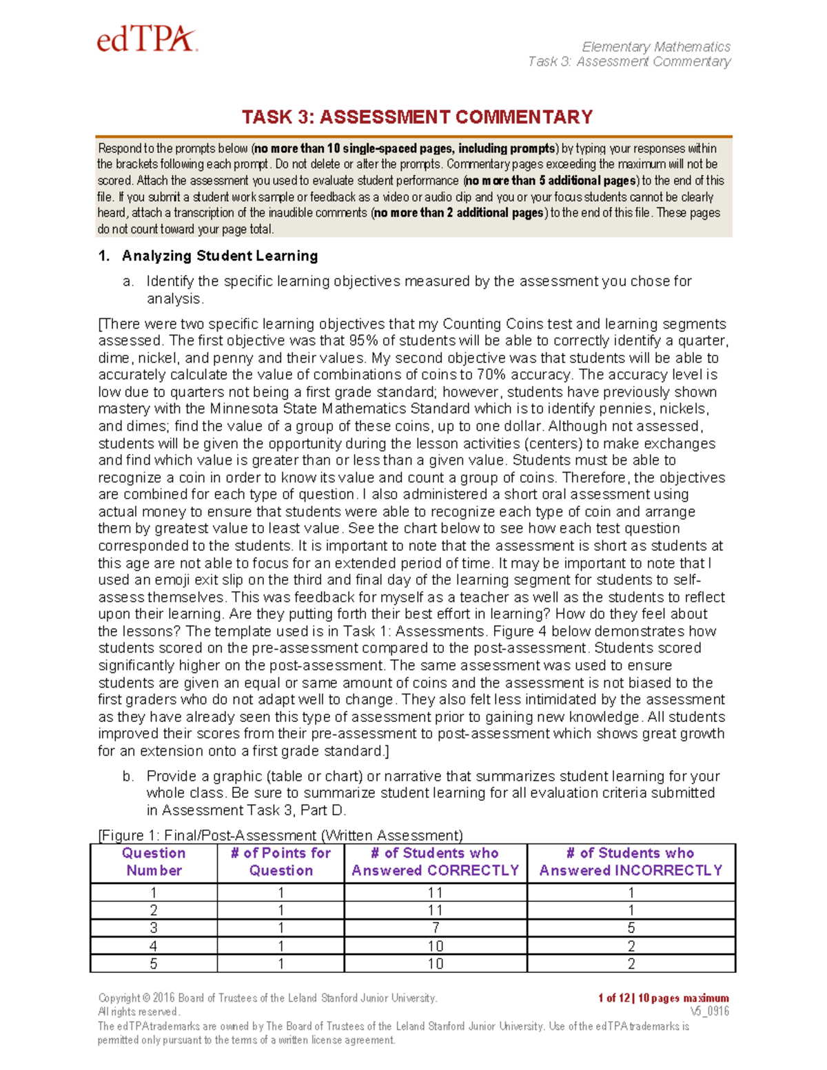 Task 3: edTPA Assessment Commentary for Student Learning Evaluation ...