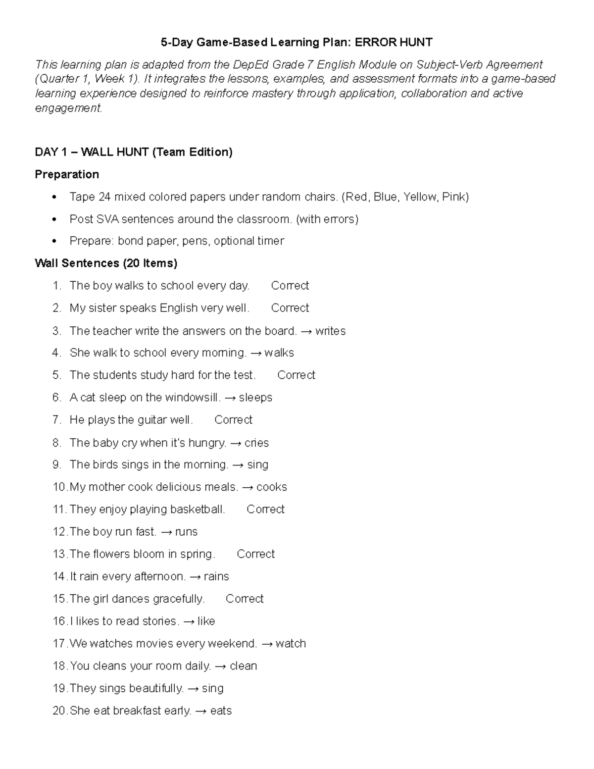 Learning Plan: 5-Day ERROR HUNT Guide for Grade 7 English - Studocu