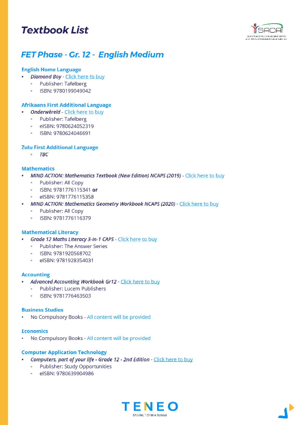 Textbook List for Gr. 12 English - FET Phase - SACAI - 2024 Edition ...