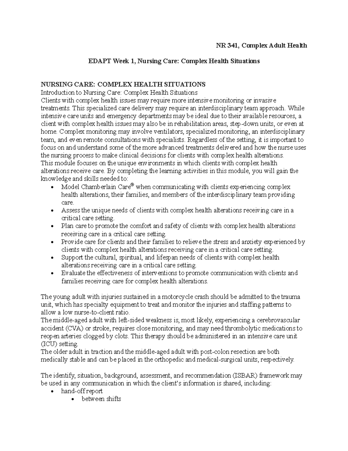 NR 341, Week 1: Nursing Care for Complex Health Situations - Studocu