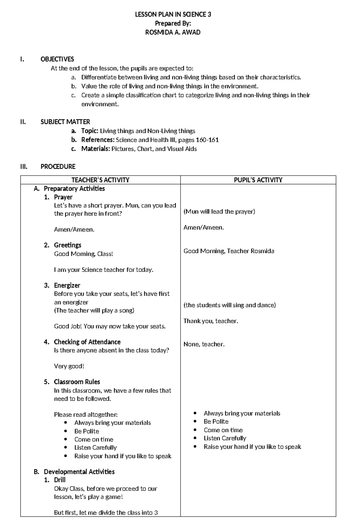 Science III Lesson Plan: Living & Non-Living Things by Rosmida - Studocu