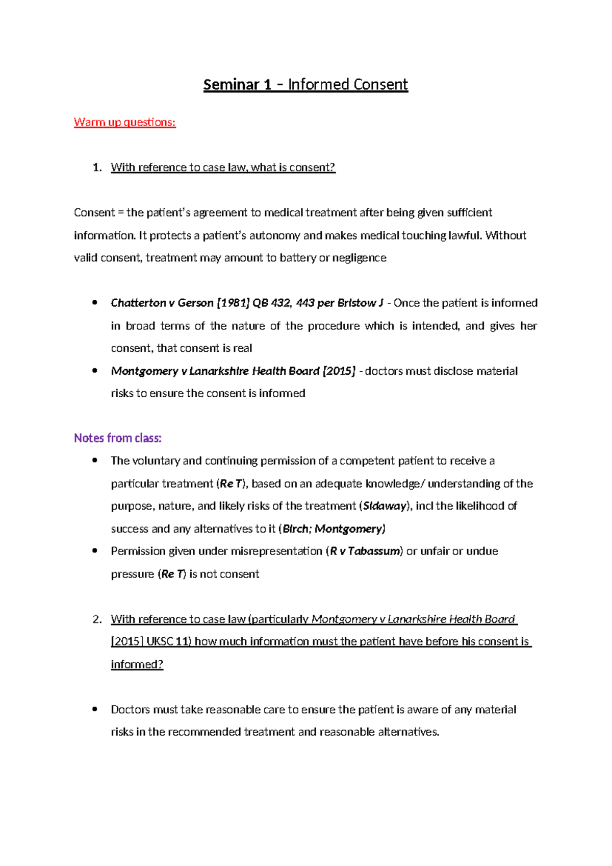 Seminar 1: Informed Consent and Case Law Analysis - Studocu