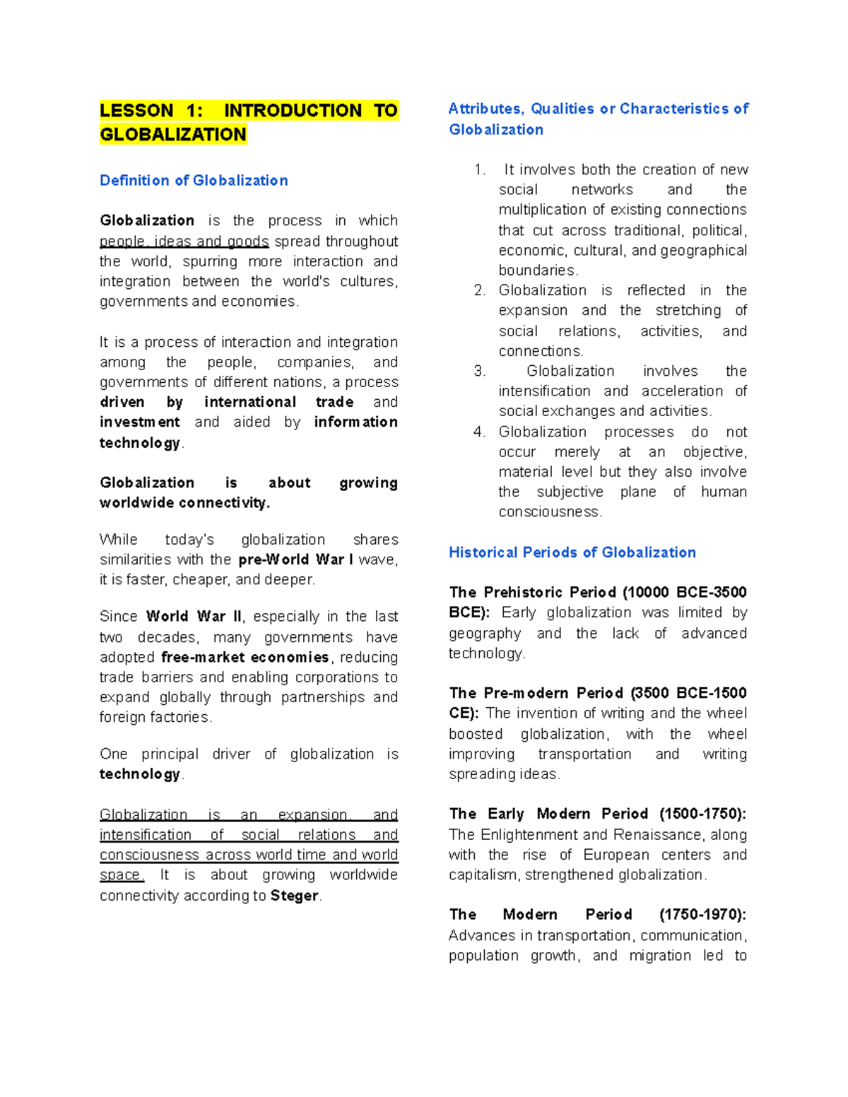 LESSON 1: INTRODUCTION TO GLOBALIZATION - Key Concepts and Dimensions ...
