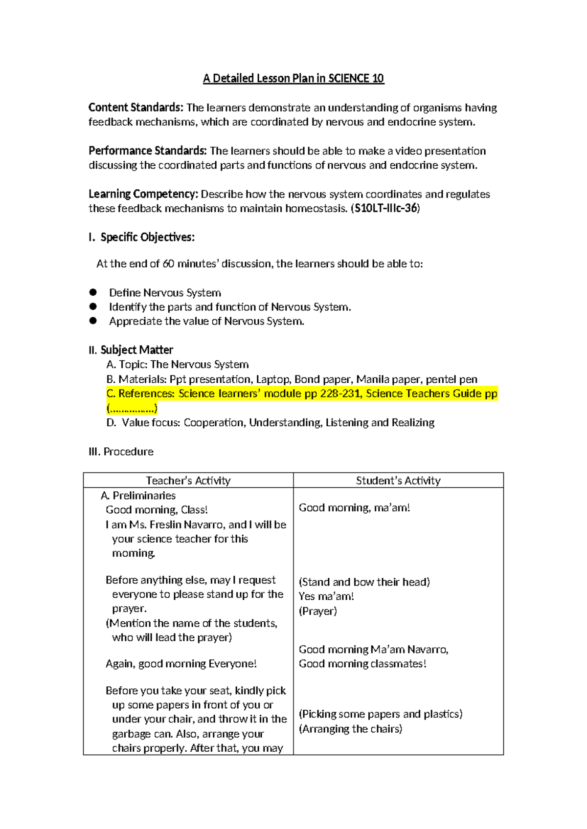 Detailed Lesson Plan for Science 10: Understanding the Nervous System ...