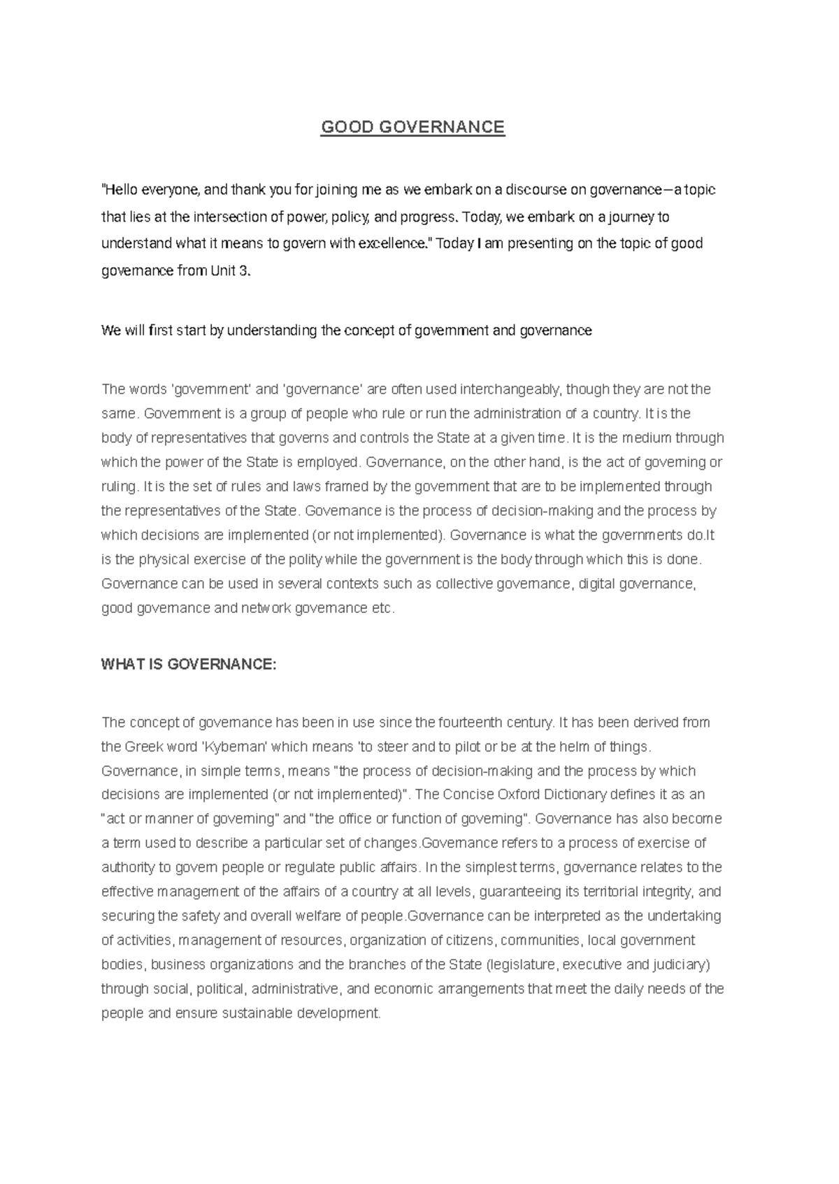 GOOD Governance - A Comprehensive Overview & Initiatives (Unit 3) - Studocu