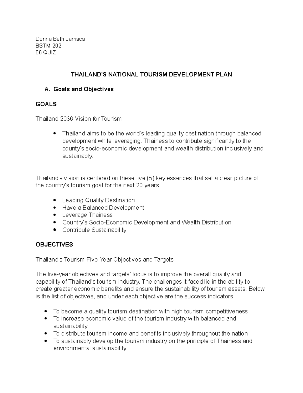 BSTM 202 - Quiz 06: Thailand’s National Tourism Development Plan - Studocu