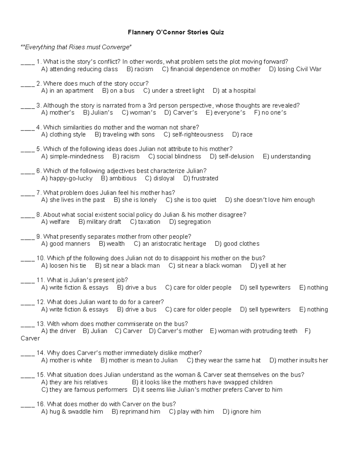 Flannery O'Connor Stories Quiz (ENG 101) - Key Themes & Conflicts - Studocu