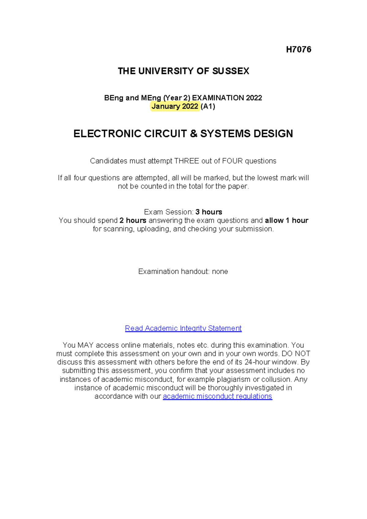 H7076 Electronic Circuit Systems Design - Exam Paper January 2022 - Studocu
