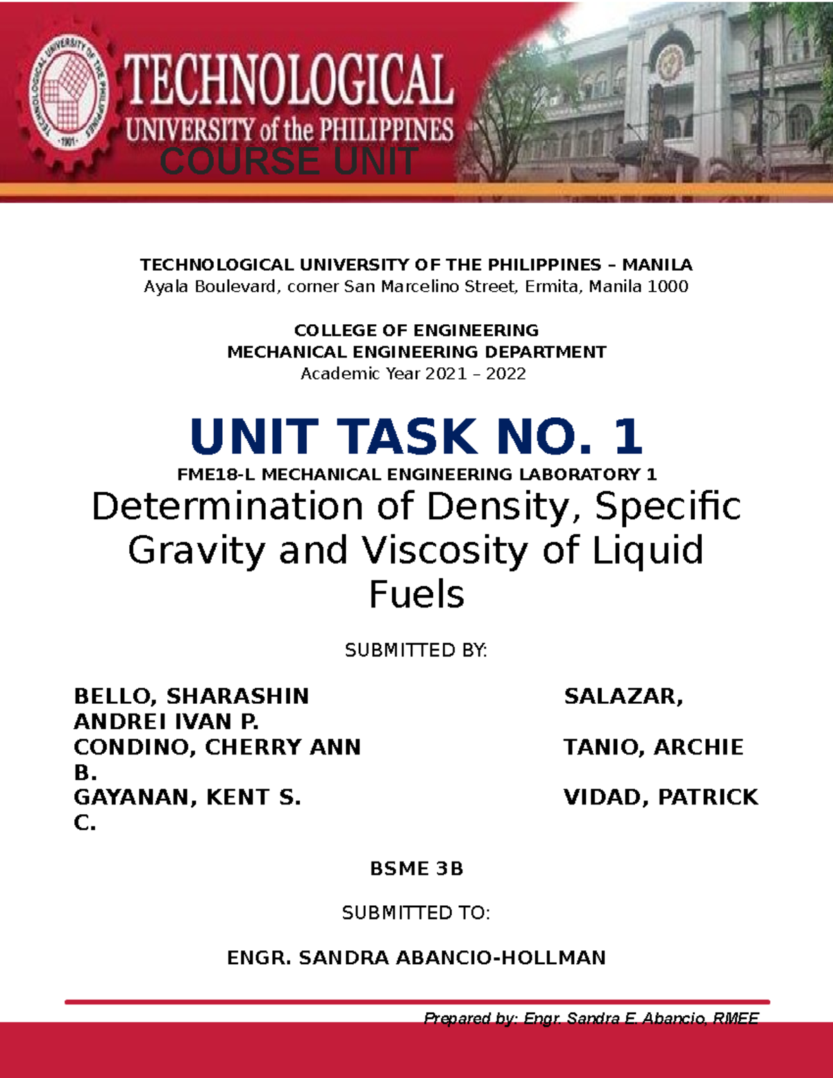 ME LABORATORY 1 UNIT TASK COURSE MODULE 1 - Bachelor of Science in ...