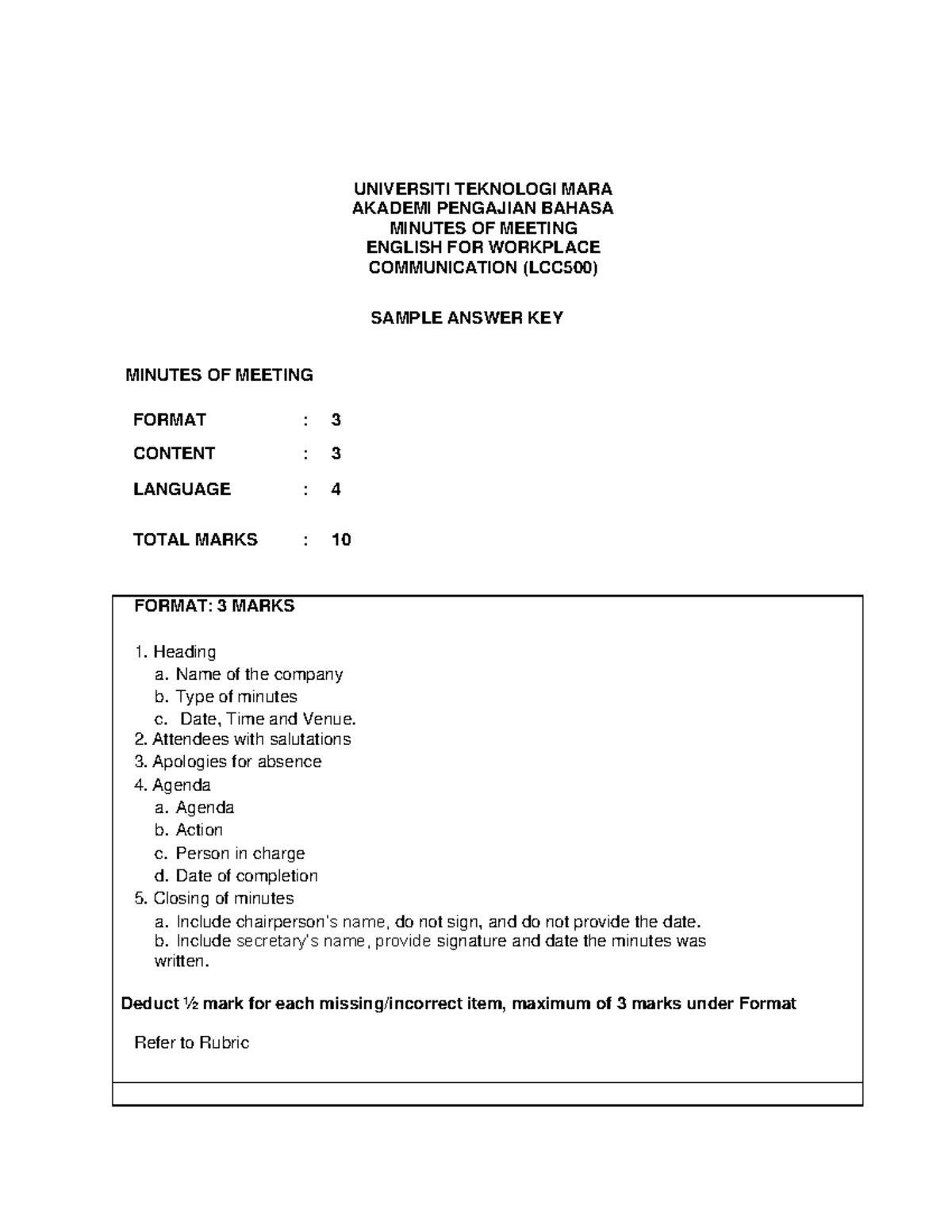 LCC500 Final Exam Minutes of Meeting Format Guidelines - Studocu