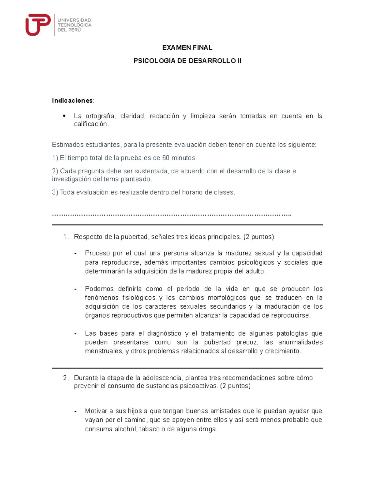 Examen Final Psicologia DEL Desarrollo II A - EXAMEN FINAL PSICOLOGIA DE DESARROLLO II ...